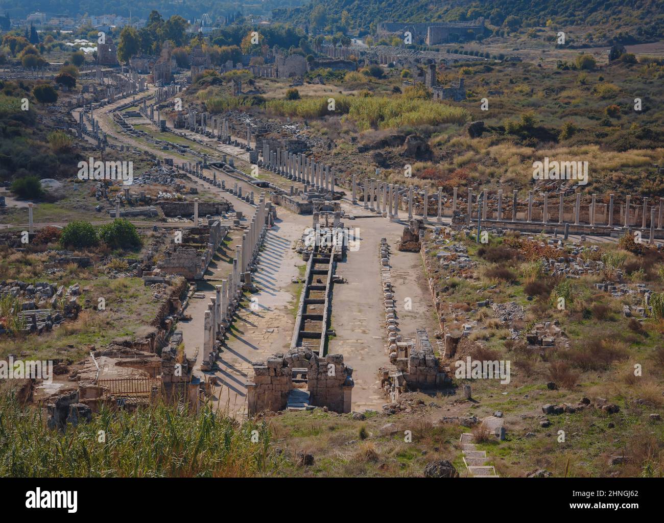 The ruins of the ancient city of Perge. Perge is an ancient Greek city ...