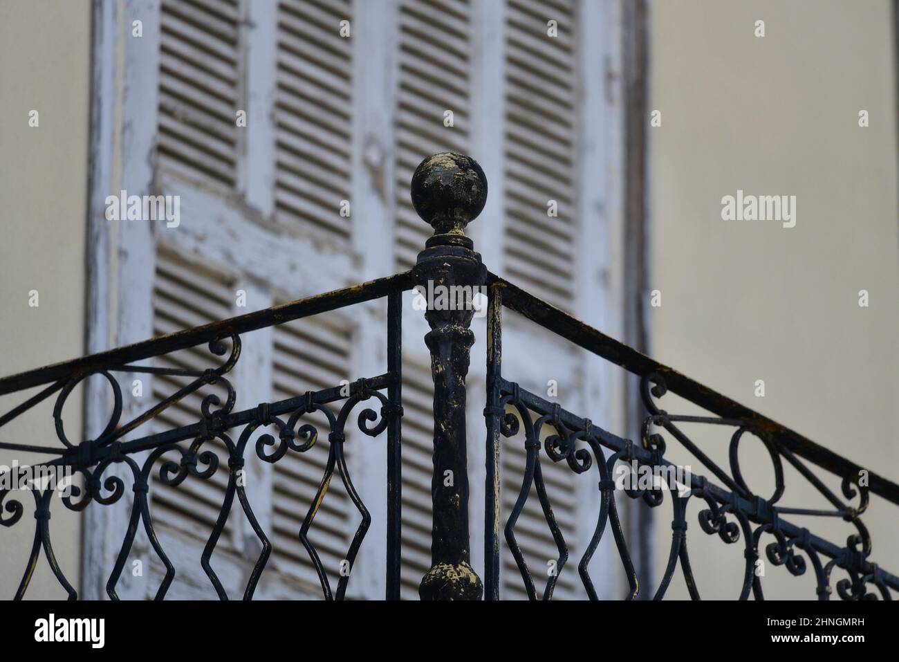 Traditional rural house handcrafted wrought iron balcony railing on a ...