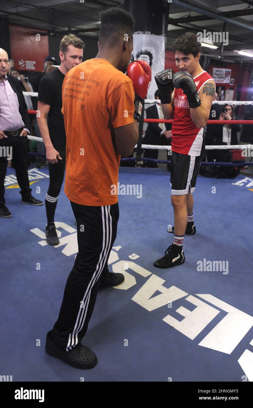 NEW YORK, NY - APRIL 21: Prime Minister of Canada Justin Trudeau boxing ...