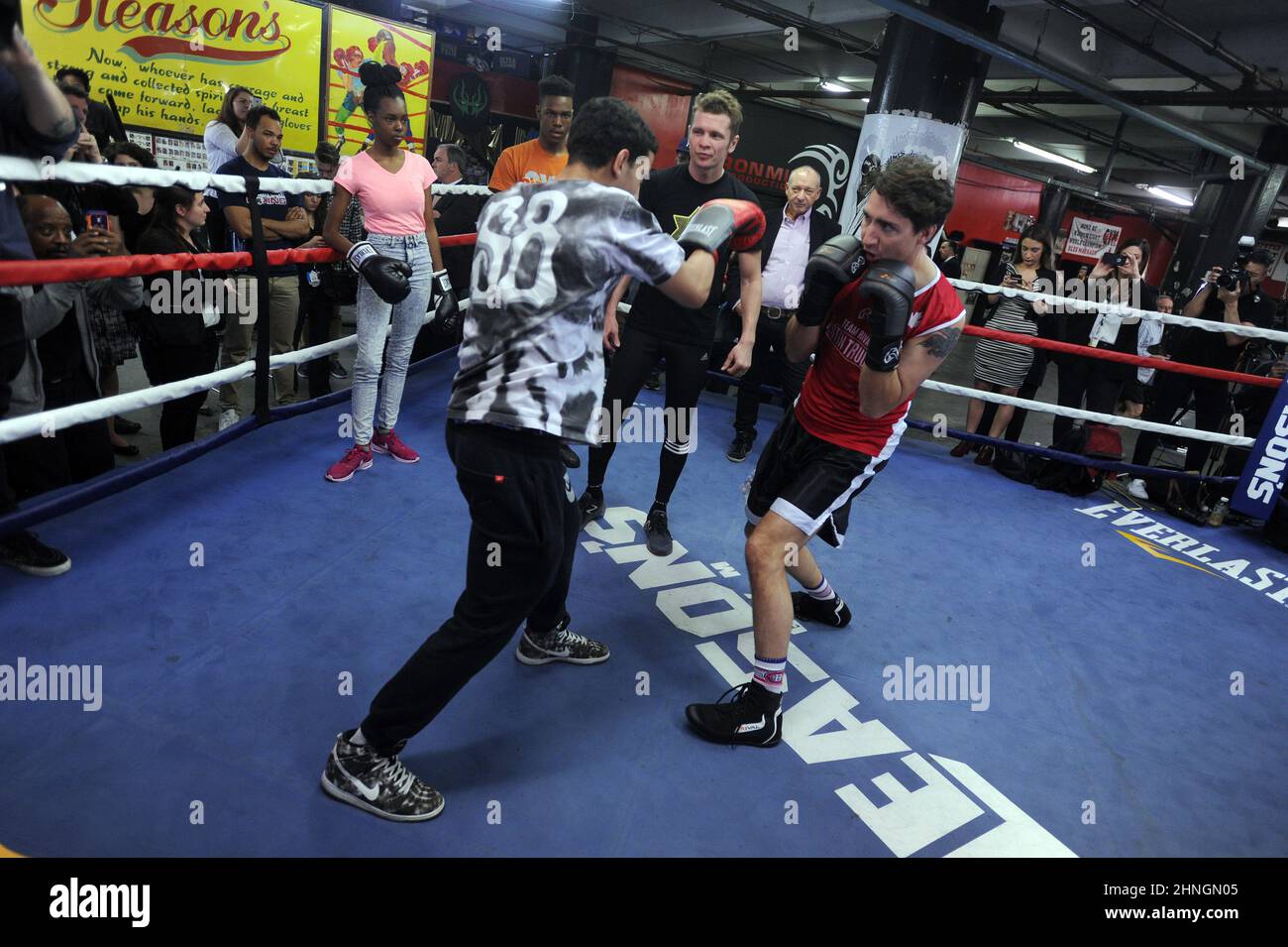 NEW YORK, NY - APRIL 21: Prime Minister of Canada Justin Trudeau boxing ...