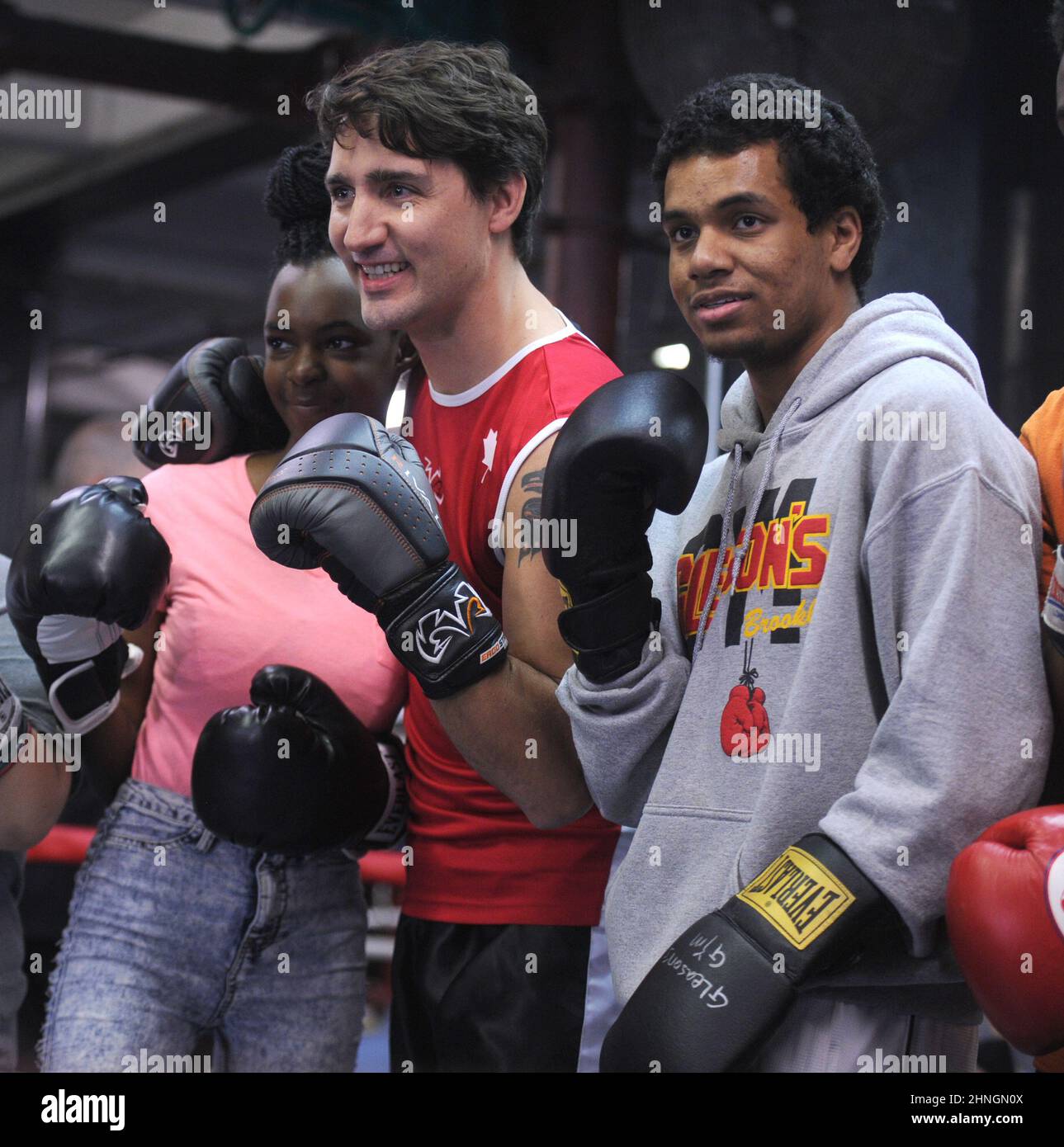 NEW YORK, NY - APRIL 21: Prime Minister of Canada Justin Trudeau boxing ...
