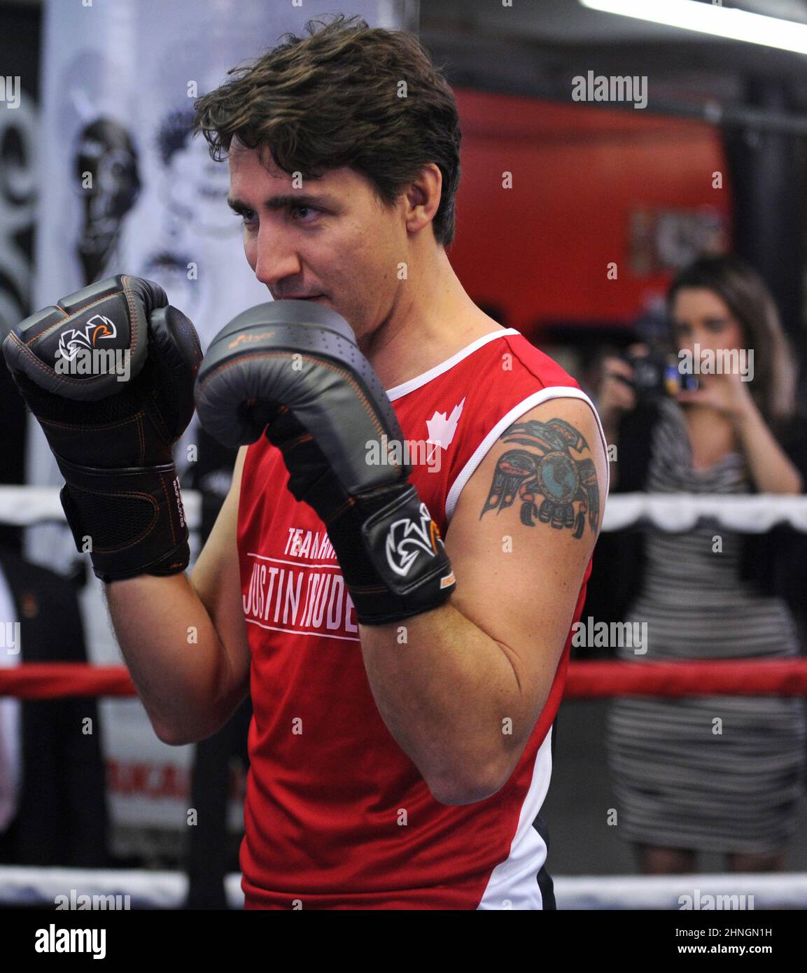 NEW YORK, NY - APRIL 21: Prime Minister of Canada Justin Trudeau boxing ...
