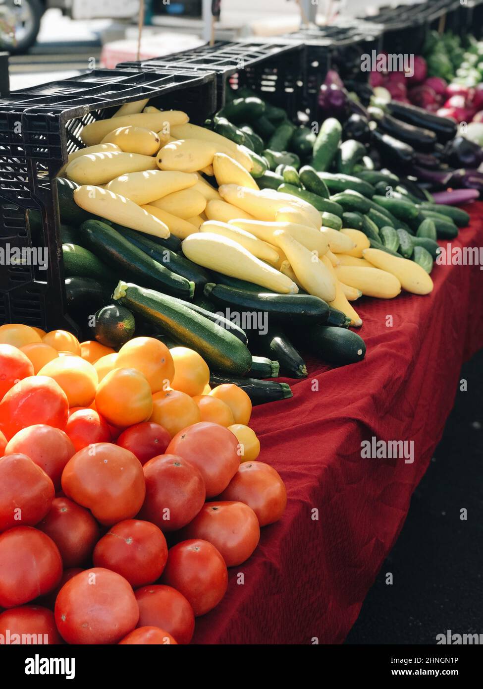 Side view of Gourd, Zucchini and ripe red tomatoes during a farmers ...