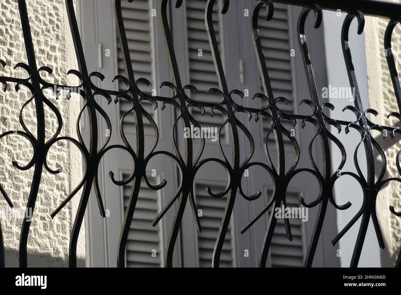 Traditional rural house handcrafted wrought iron balcony railing on a ...