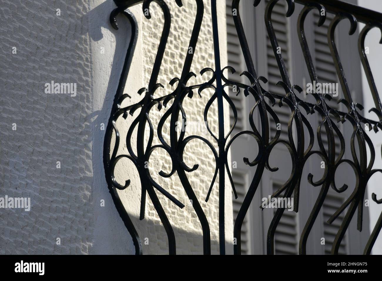 Traditional rural house handcrafted wrought iron balcony railing on a ...