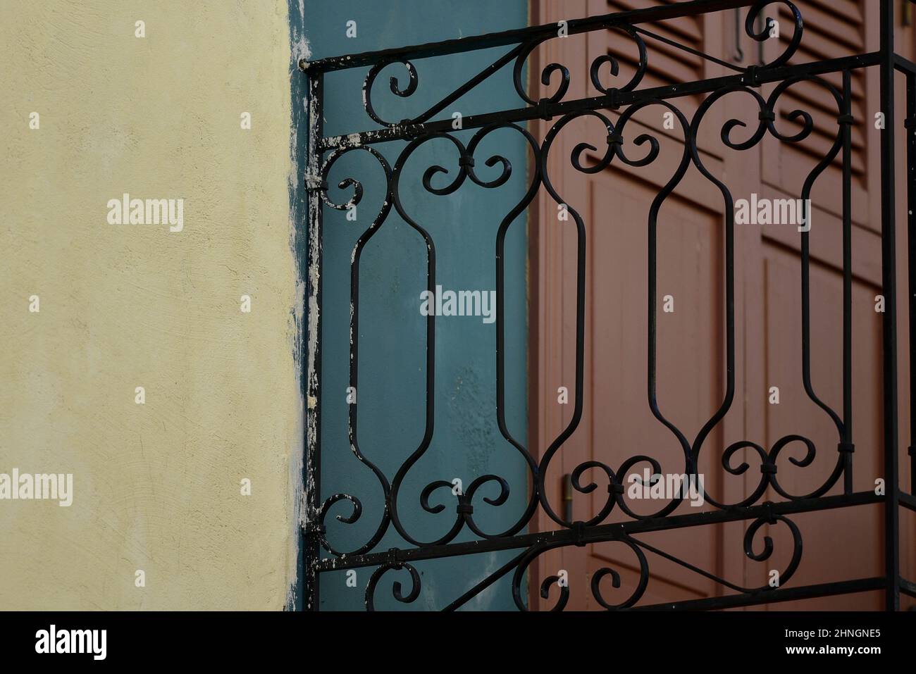 Traditional rural house handcrafted wrought iron balcony railing on an ...