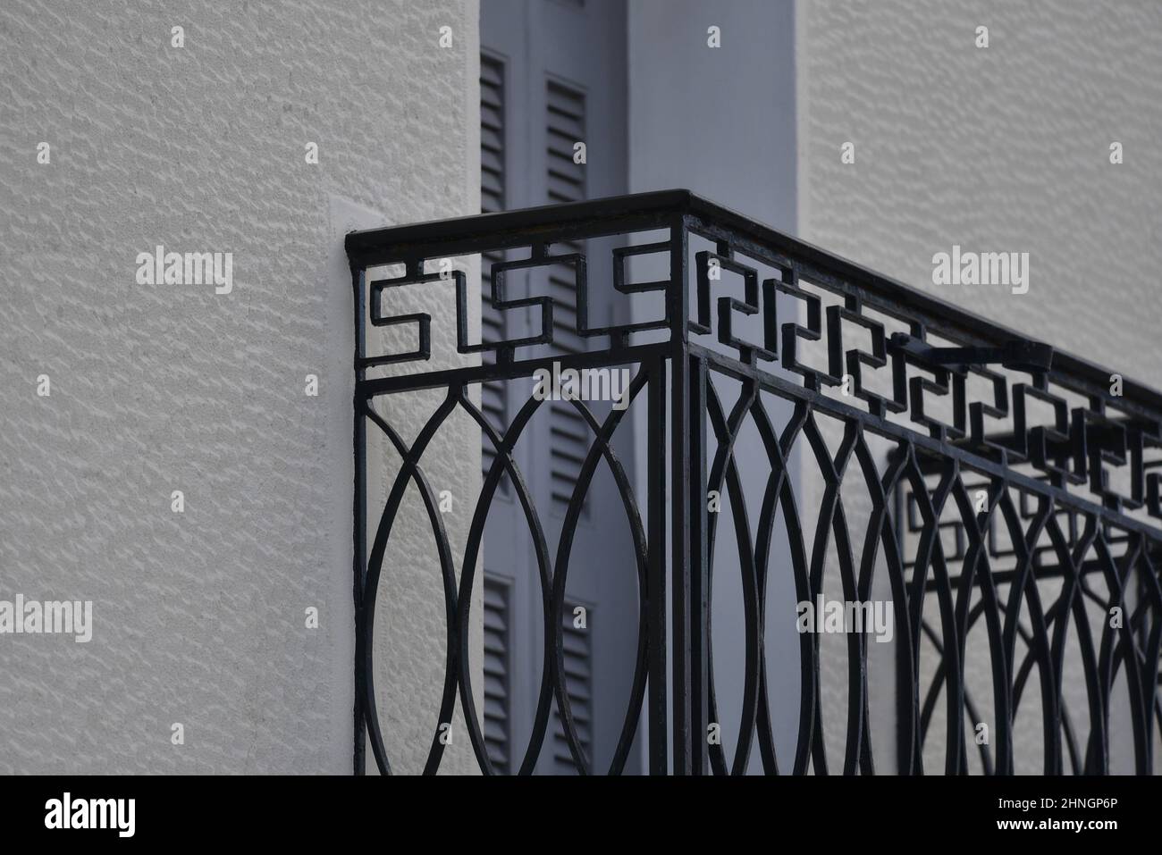 Traditional rural house handcrafted wrought iron balcony railing on a ...