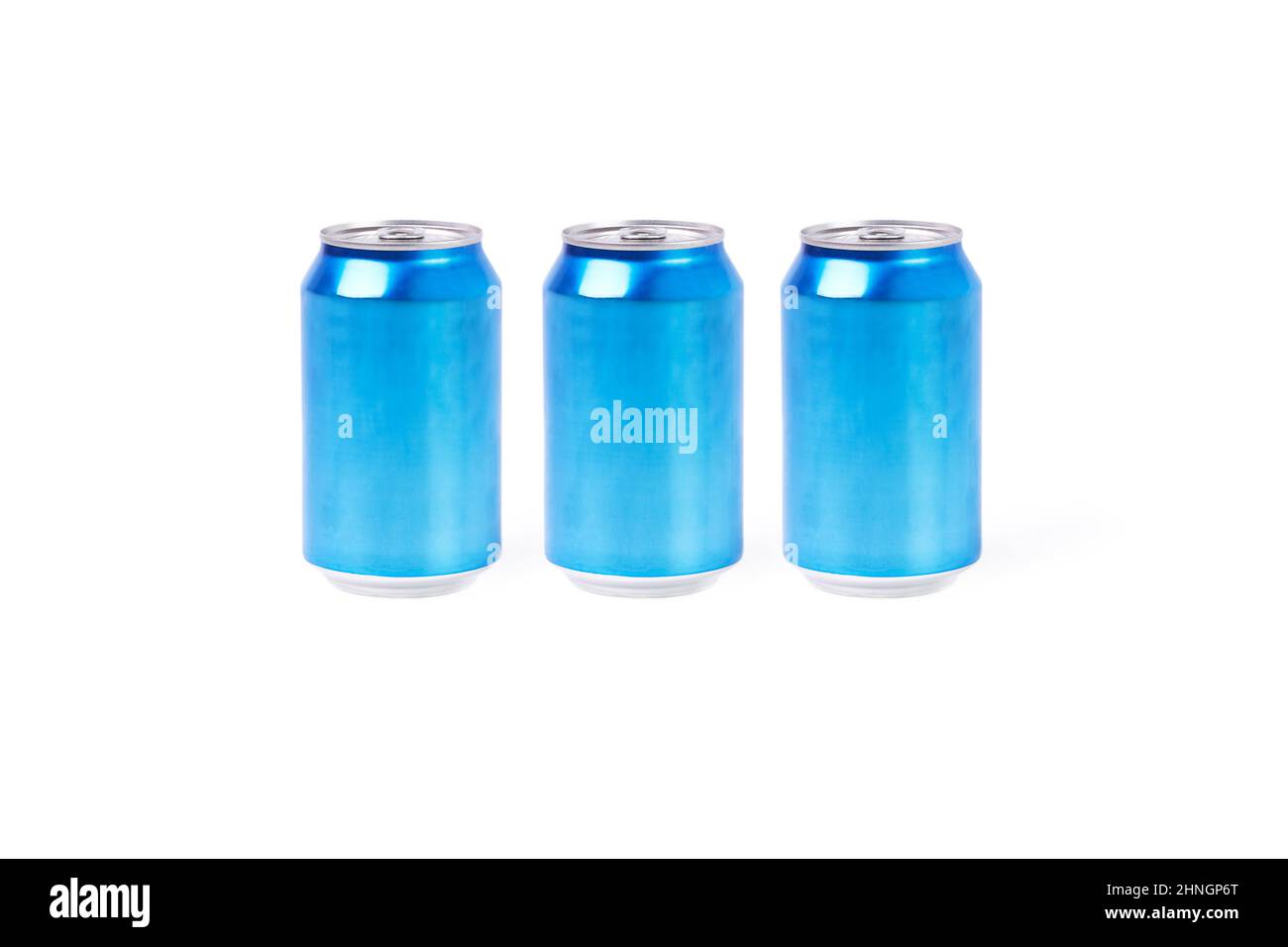 Three light blue aluminum cans on a white background. Refreshing drink ...