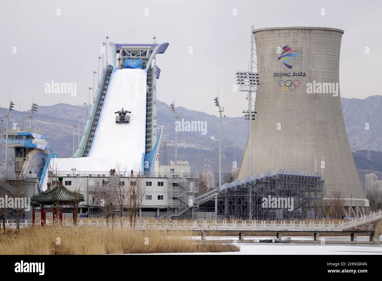 Photo taken Jan. 26, 2022, shows the Big Air Shougang (L), the venue ...