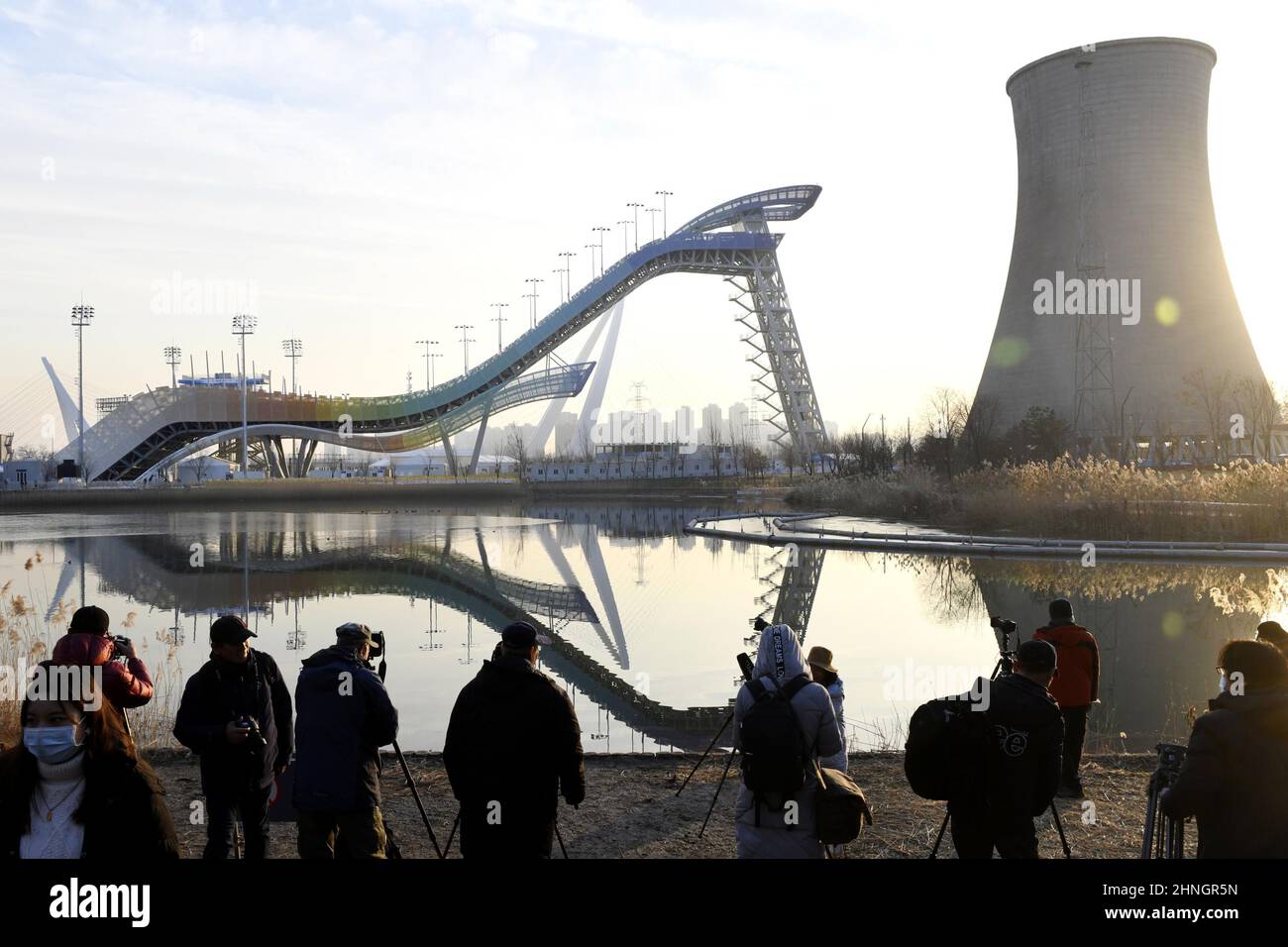 Photo taken Dec. 15, 2021, shows the Big Air Shougang (L), the venue ...