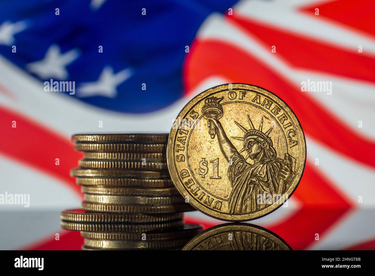 US Dollar Coin American Flag Background Stack of Coins Stock Photo - Alamy