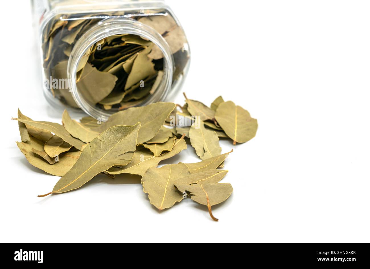 Close-up bay leaves spread out of cleared plastic packaging on white ...