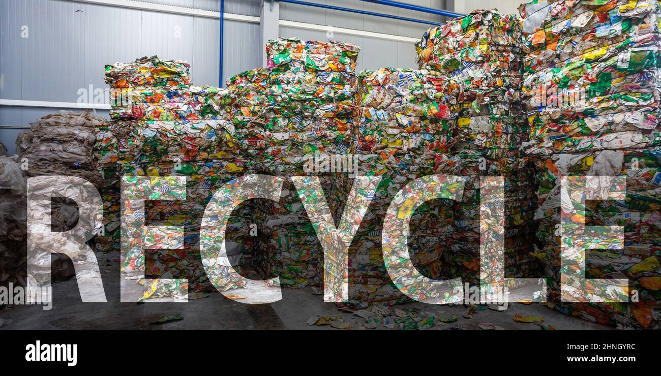 Plastic bales of rubbish at the waste treatment processing plant ...