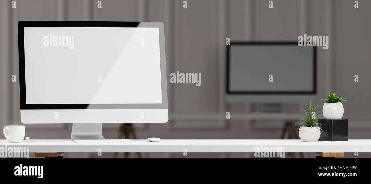 Modern stylish office studio with pc desktop computer blank screen ...