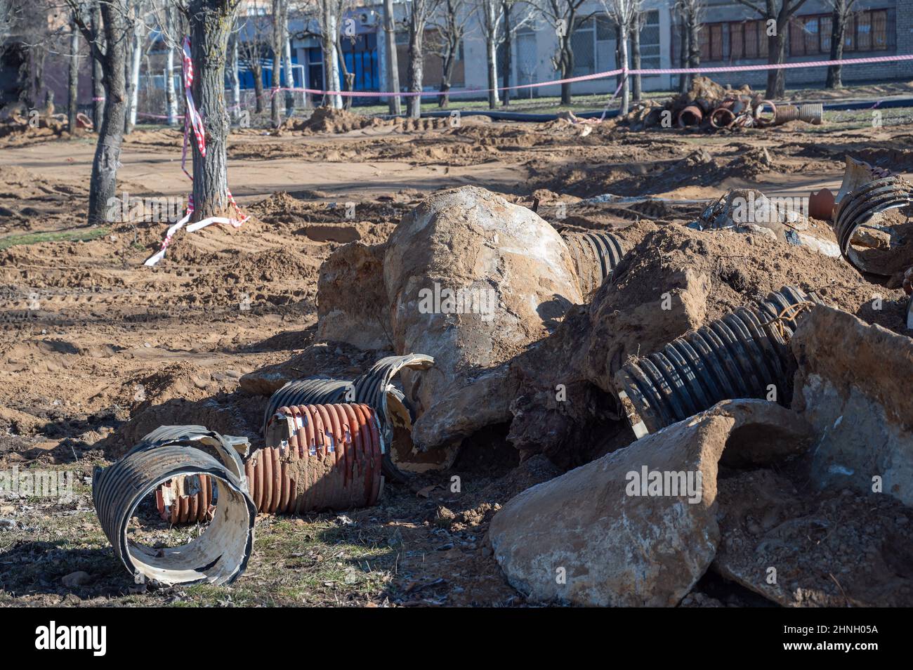 Construction Debris. Debris of concrete and plastic pipes at the ...