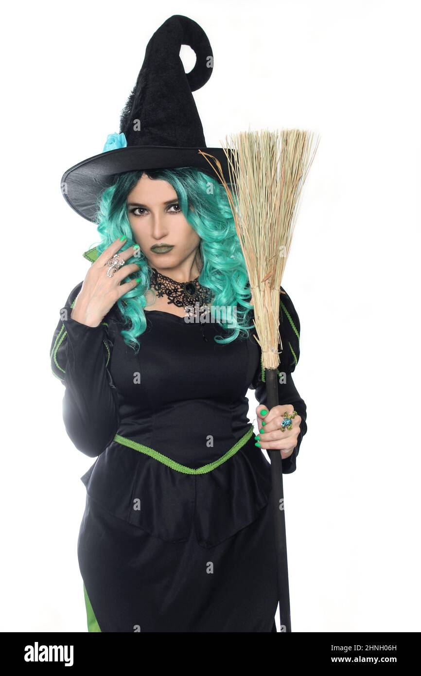 Witch With Broom Isolated on White Background Stock Photo - Alamy