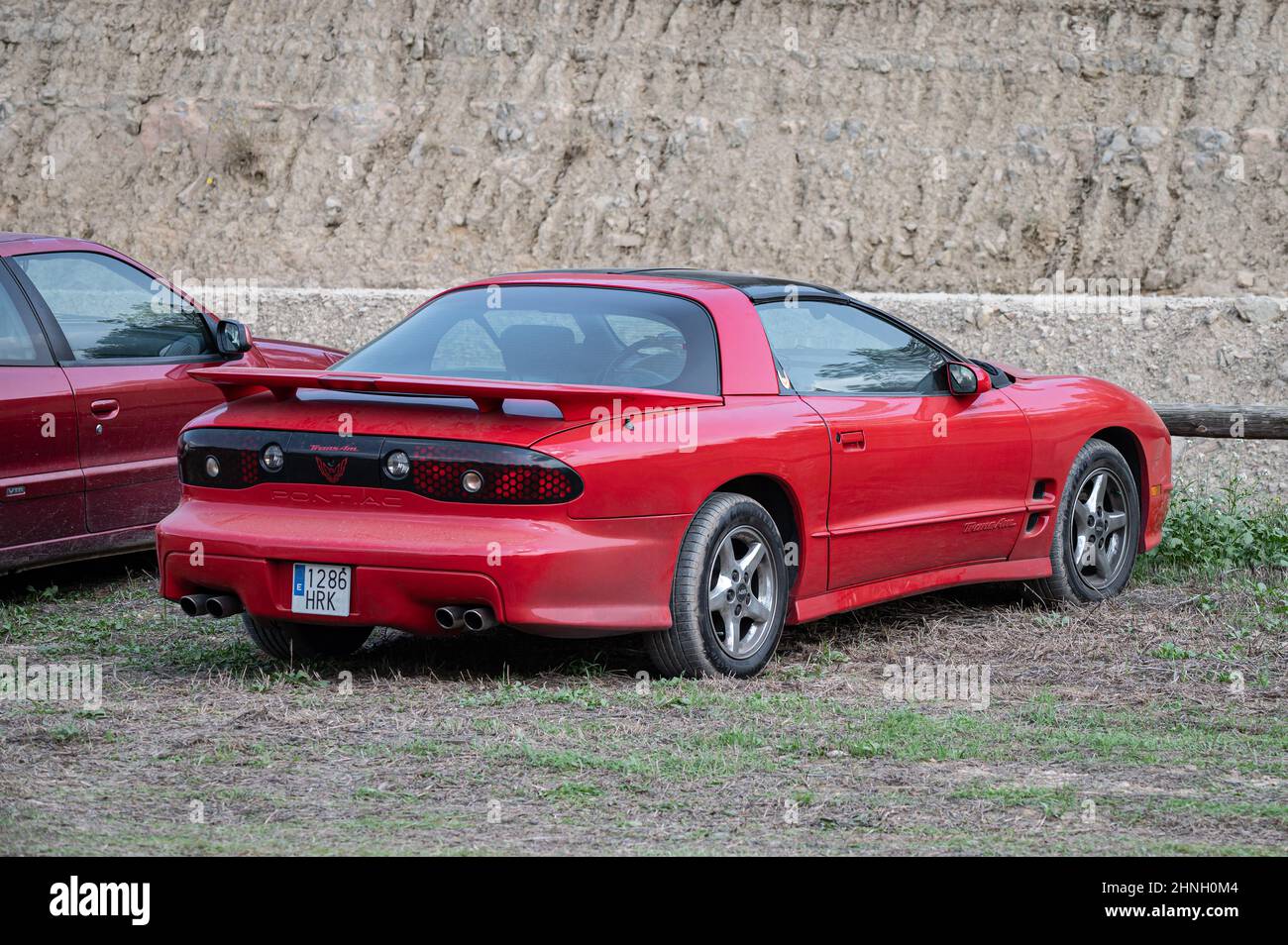 Rear of a modern red Pontiac Firebird Trans Am parked in the grass ...