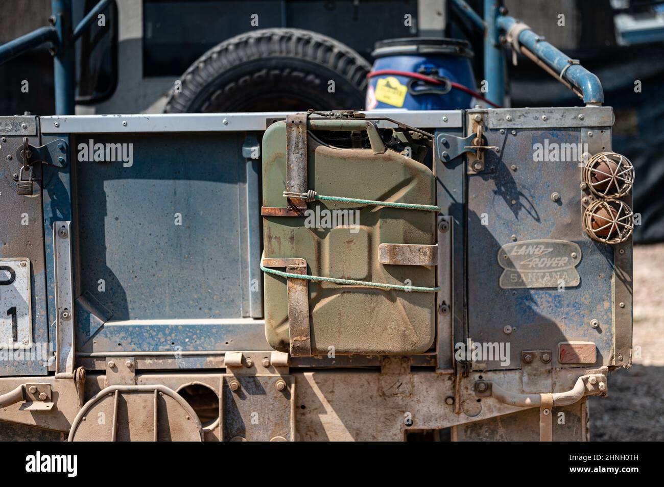 Detail of an extra fuel canister mounted on a classic Land Rover SUV ...