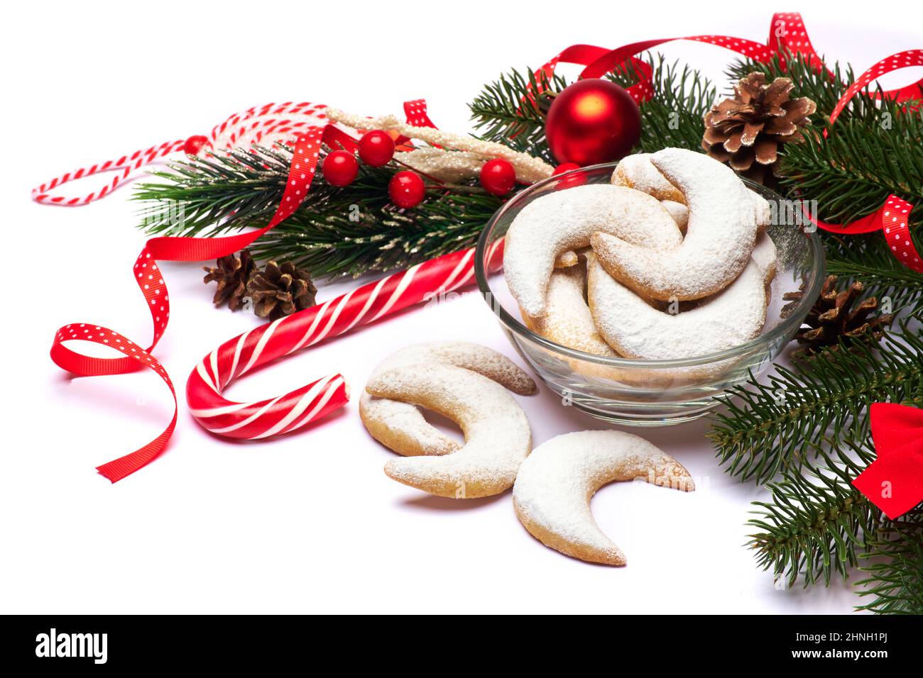 Christmas top view frame composition with copy space - branches, candy ...