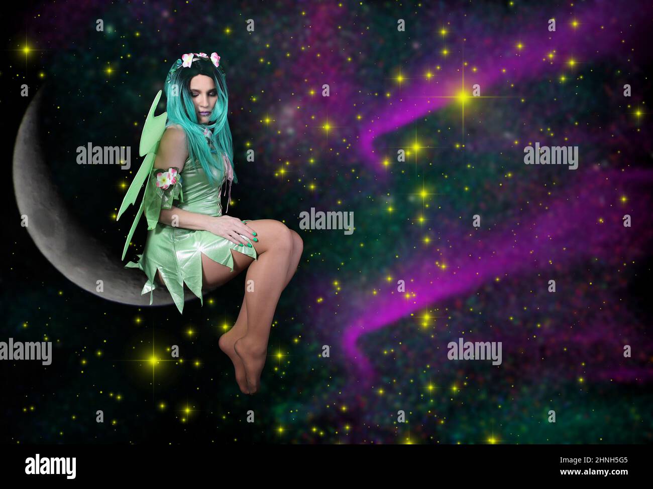 Night Fairy on Moon With Galaxy Background Stock Photo - Alamy
