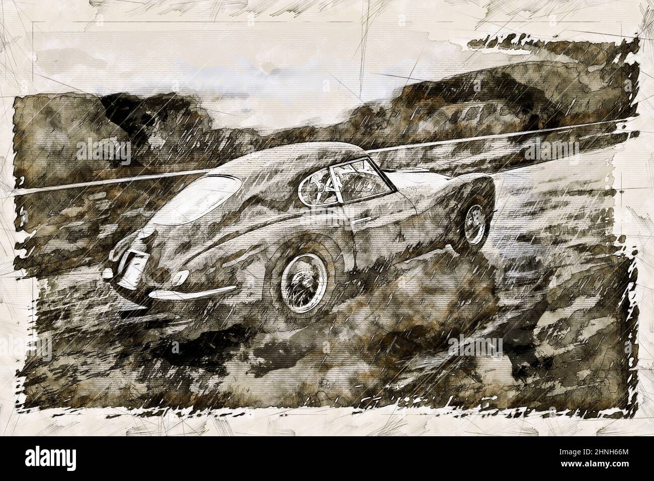 Illustration Sketch of a Italian vintage roadster on mountain road ...