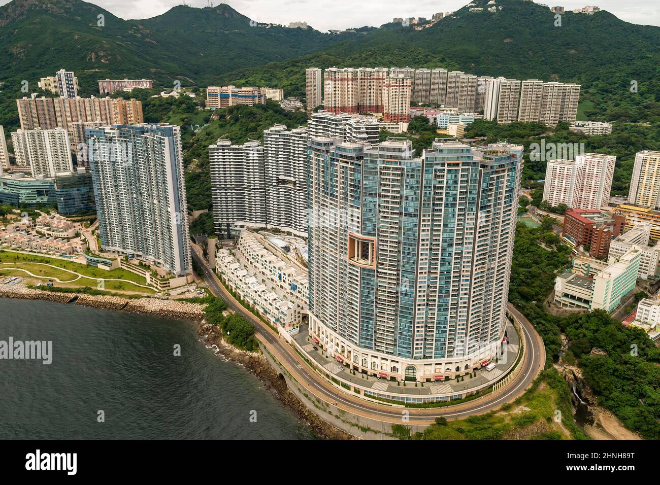 Aerial from helicopter showing Residence Bel-Air, Cyberport, Hong Kong ...