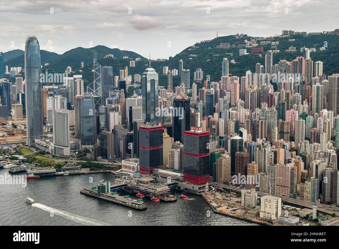 Aerial showing Central, the high-rise residential blocks of Sheung Wan ...