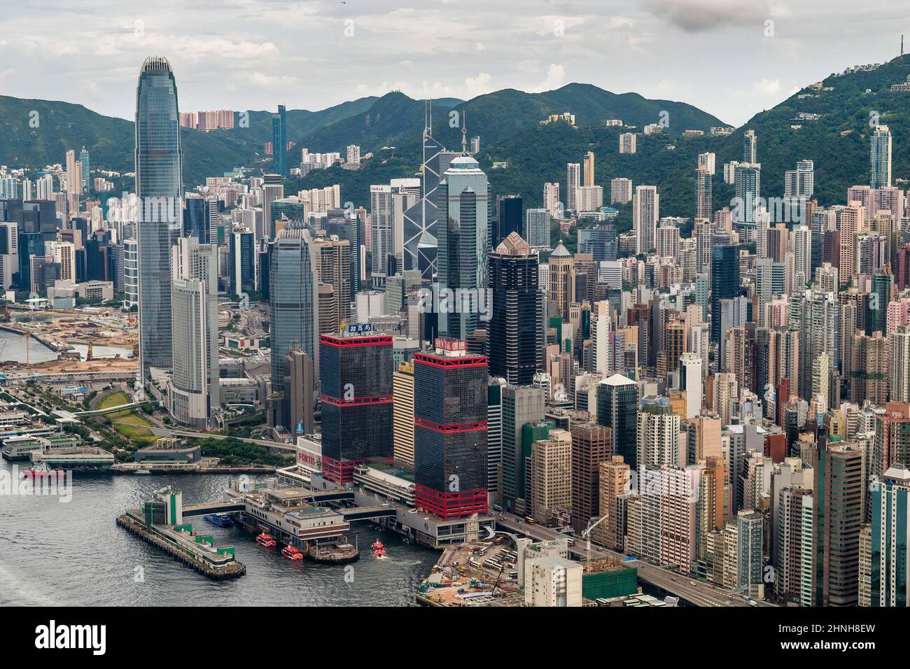 Aerial showing Central, the high-rise residential blocks of Sheung Wan ...