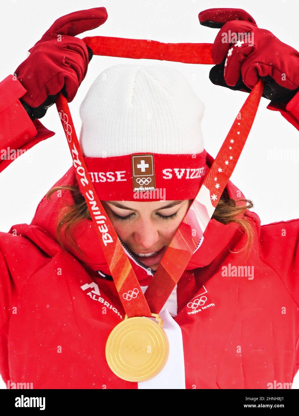 Beijing, China. 17th Feb, 2022. Michelle Gisin of Switzerland reacts ...
