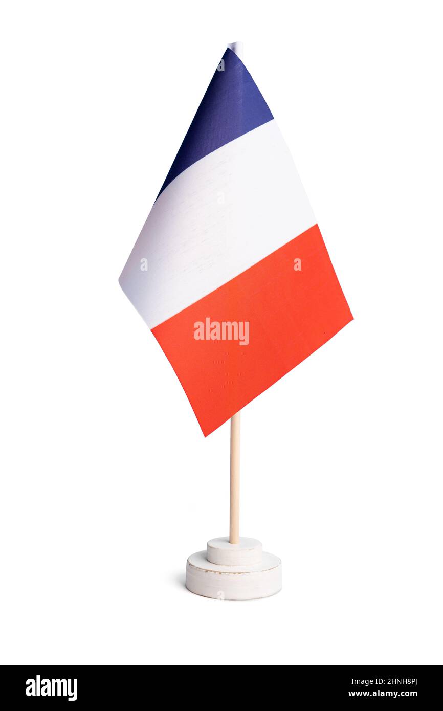 Small table flag of France isolated on white background Stock Photo - Alamy
