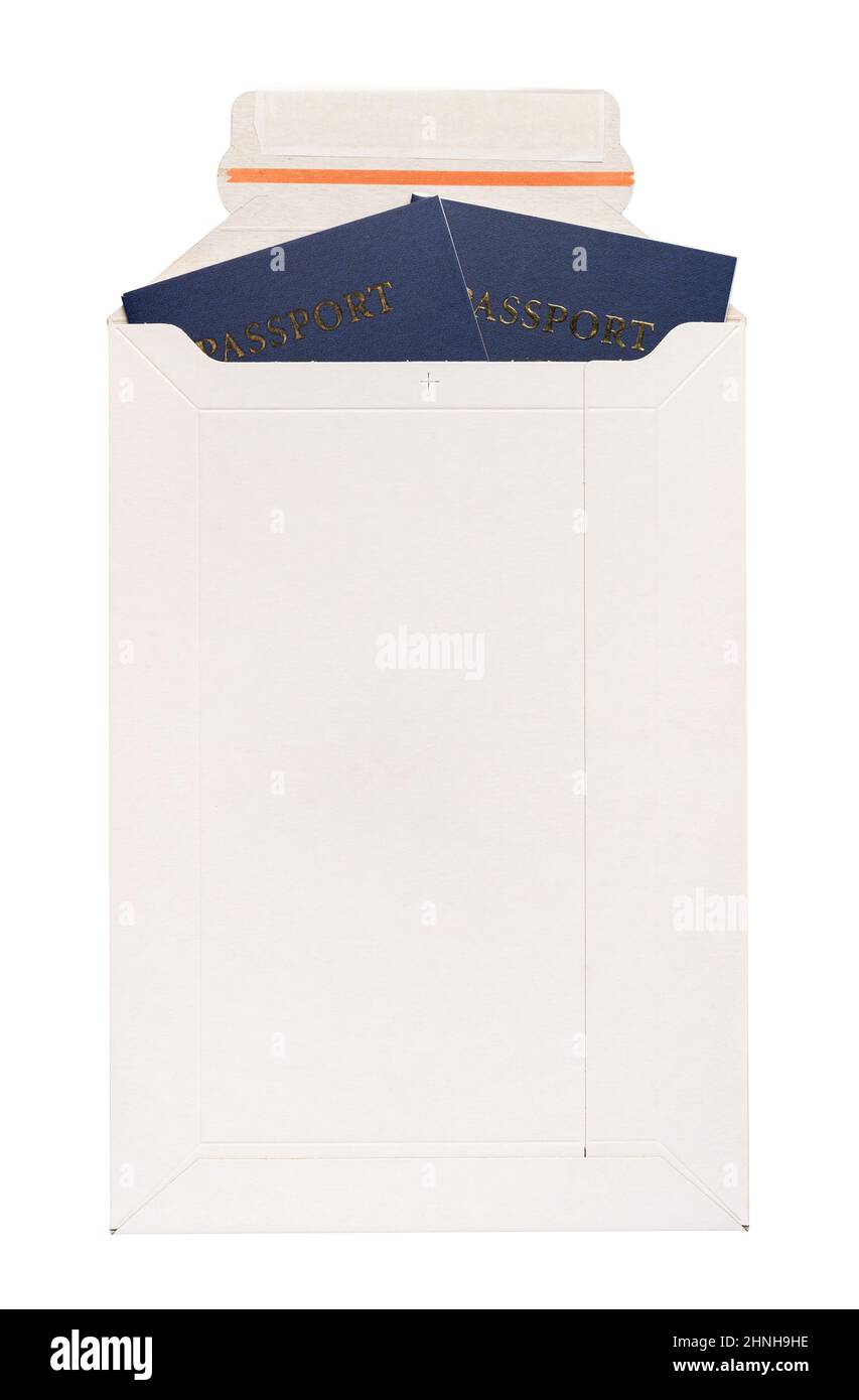 Passport spread in a white paper envelope, Travel concept Stock Photo ...
