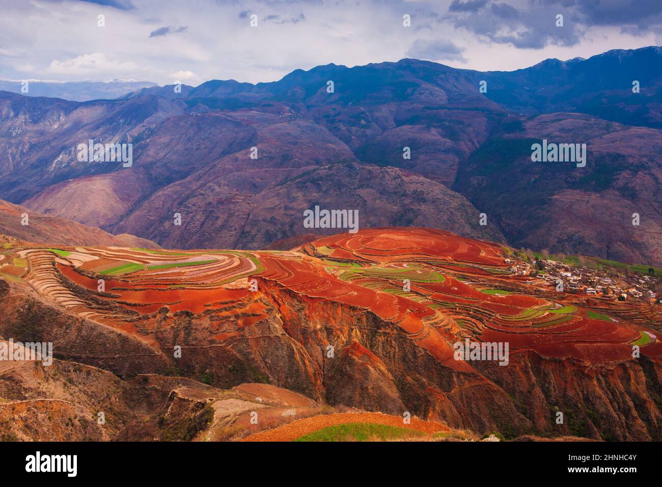 The scenery of terraces fields or the Red Land of Dongchuan, tourist ...
