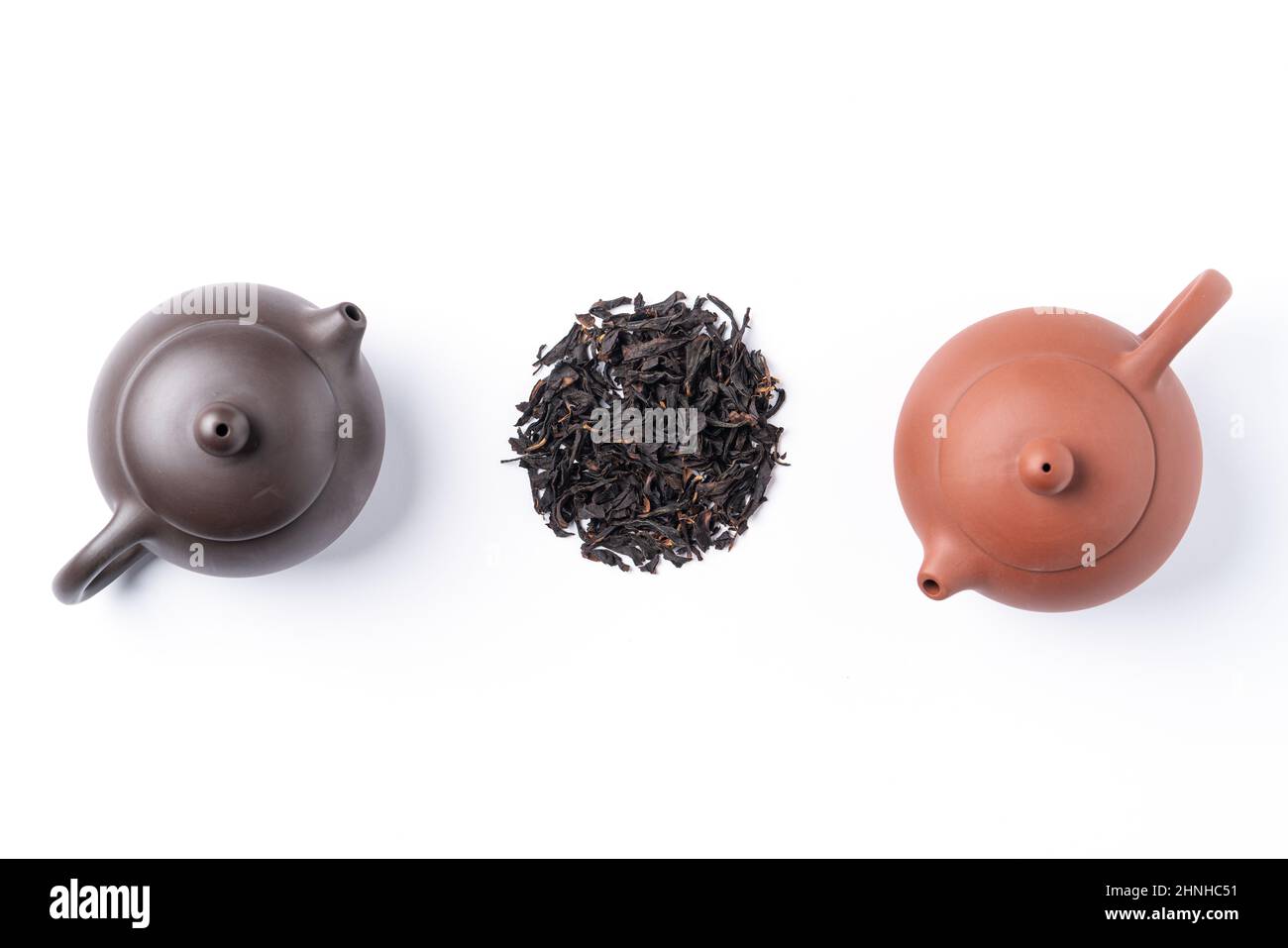 Top view of fresh black tea with kettle teapot and leaves in Taiwan ...