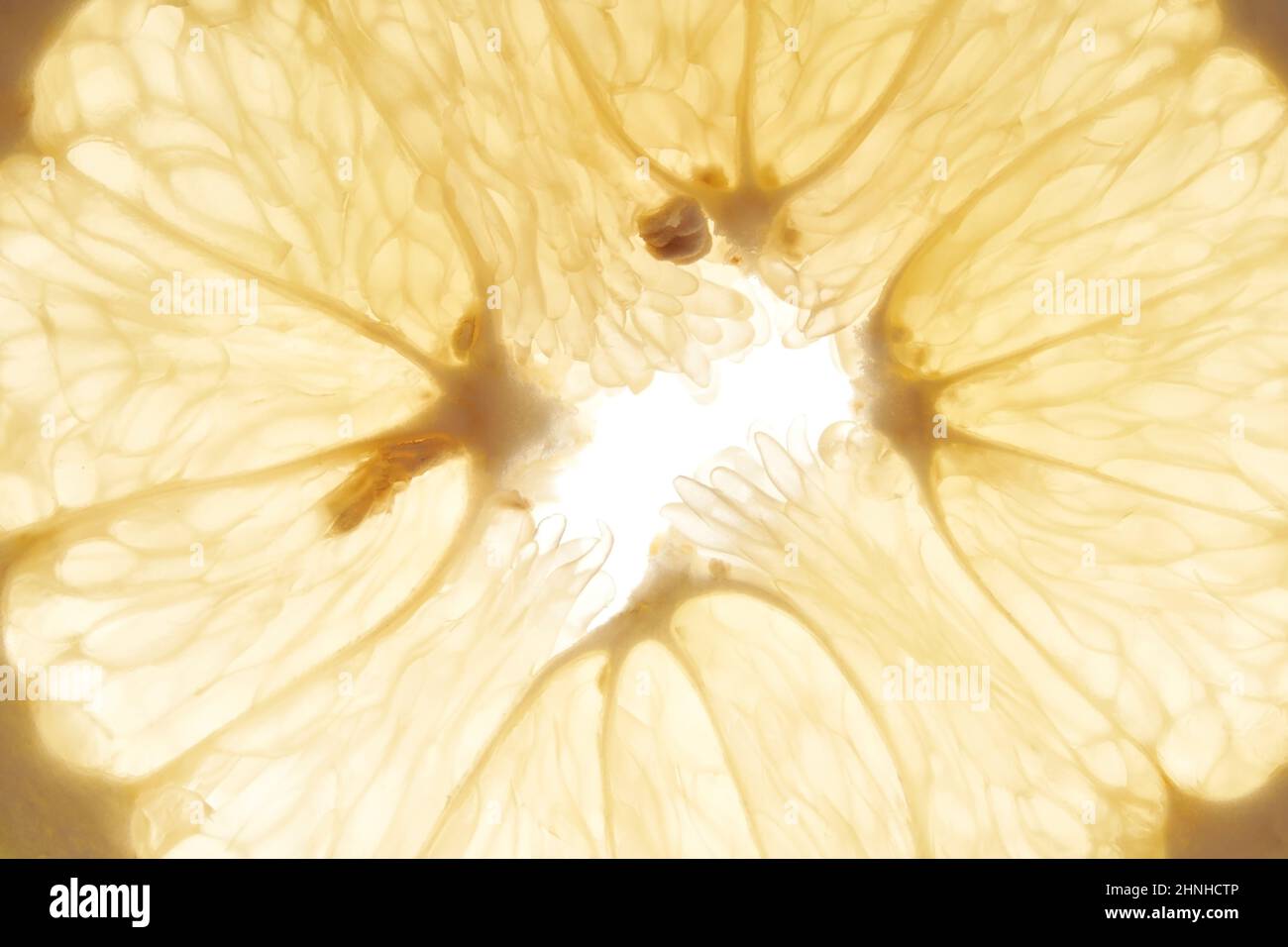 A slice of ripe fresh pomelo fruit with a hole in the pulp. Close-up on ...