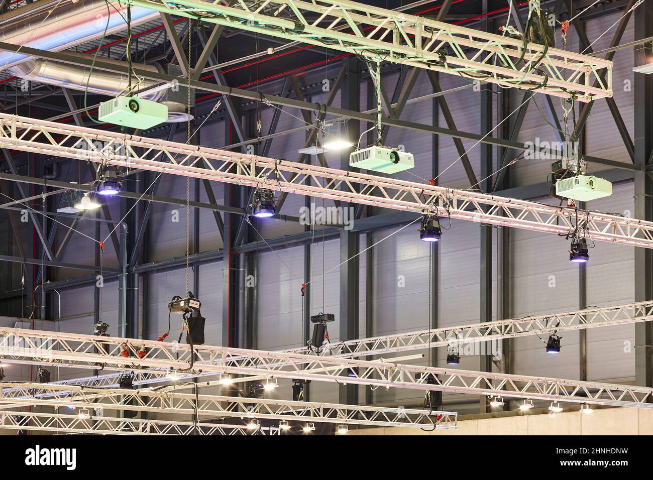 Lighting and projectors truss structure indoor set. Exhibition hall ...