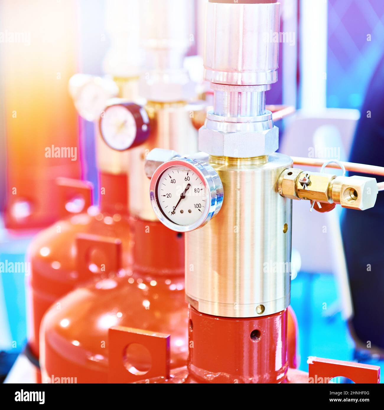 Pressure gauge on unit for gas extinguishing Stock Photo - Alamy