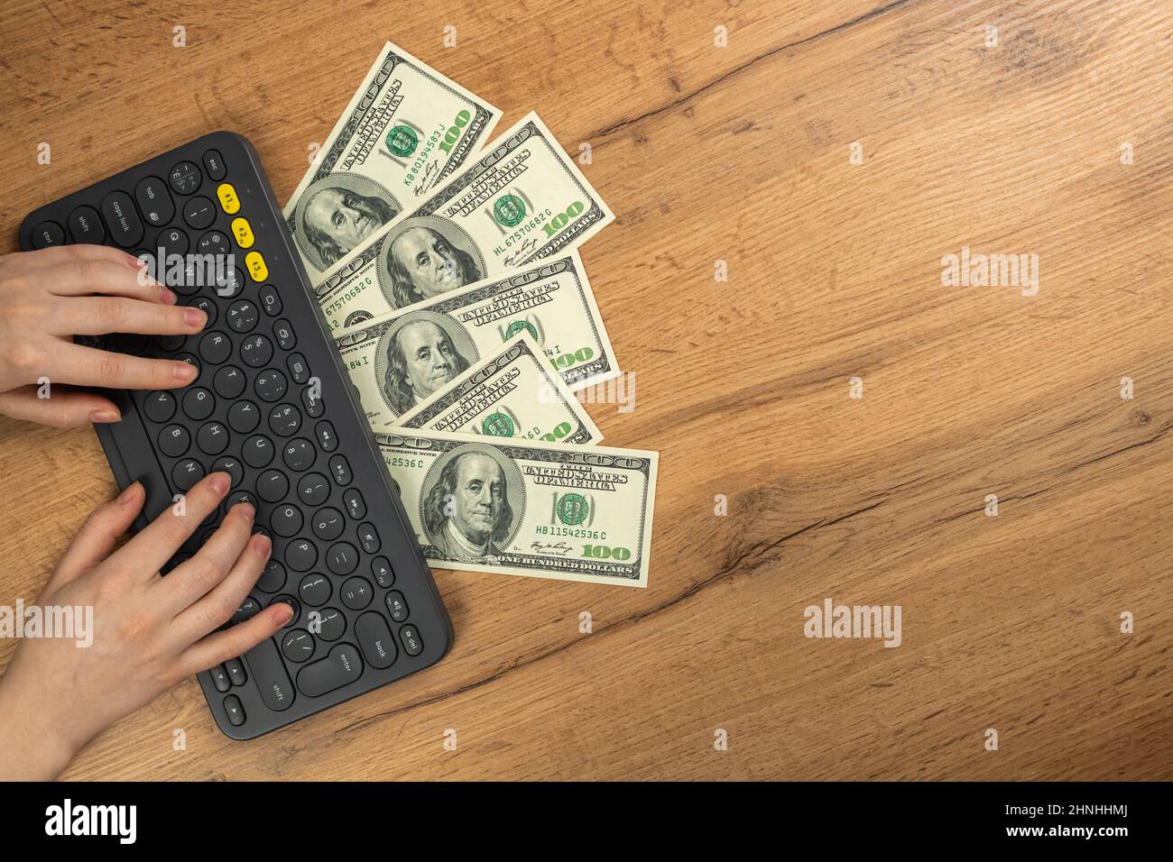Person using wireless keyboard, work at home, make money and freelance ...