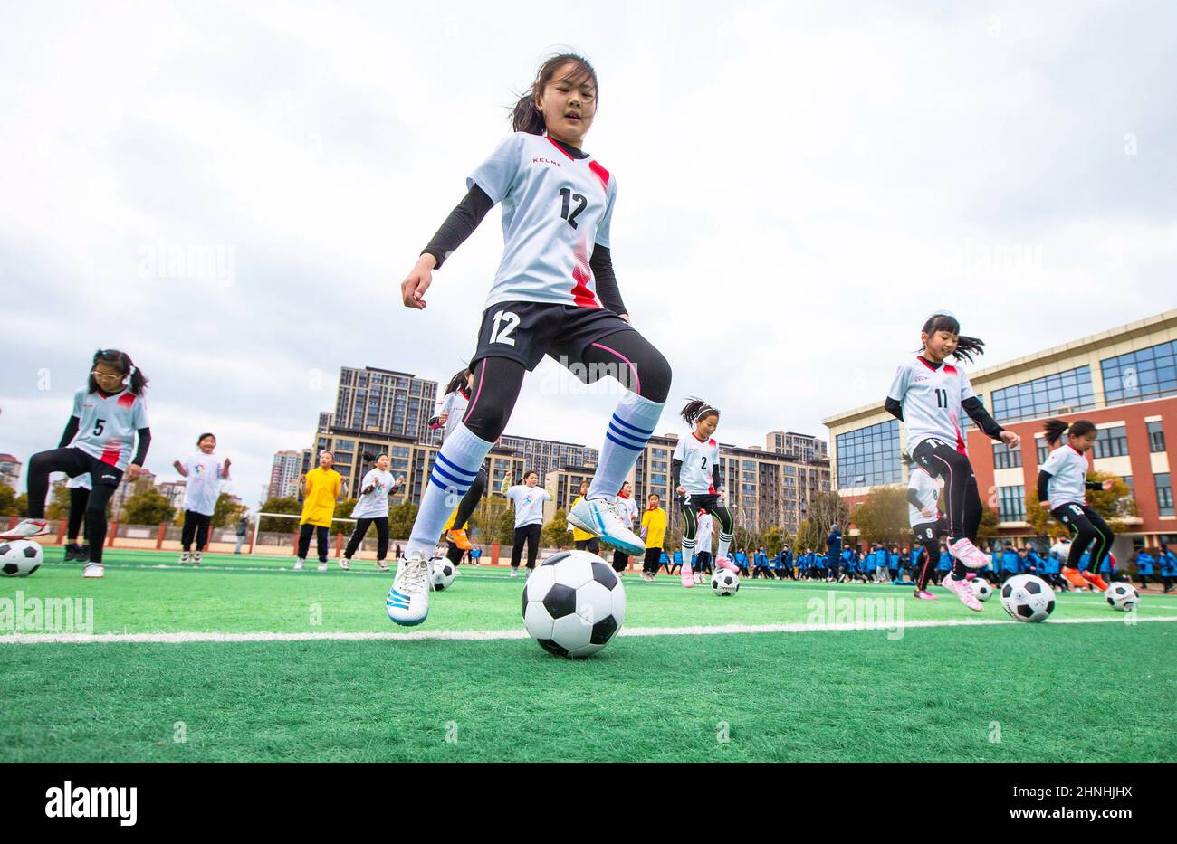 HAI'AN, CHINA - FEBRUARY 17, 2022 - Children of a girls' soccer club at ...