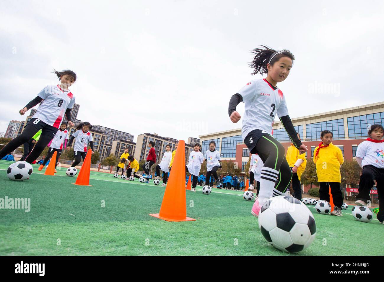 HAI'AN, CHINA - FEBRUARY 17, 2022 - Children of a girls' soccer club at ...