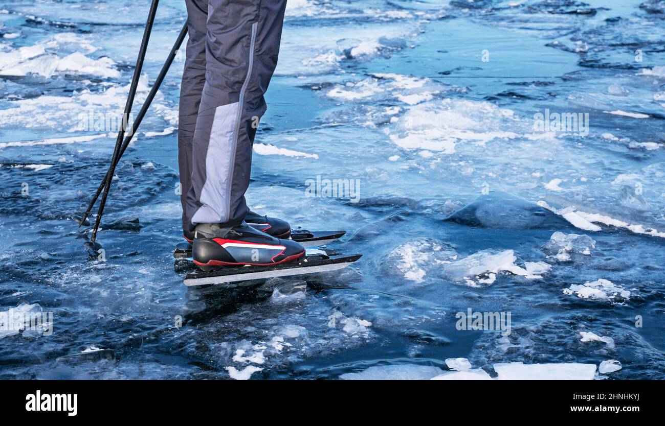 Special long skates for long distances. Fastening for ski boots ...