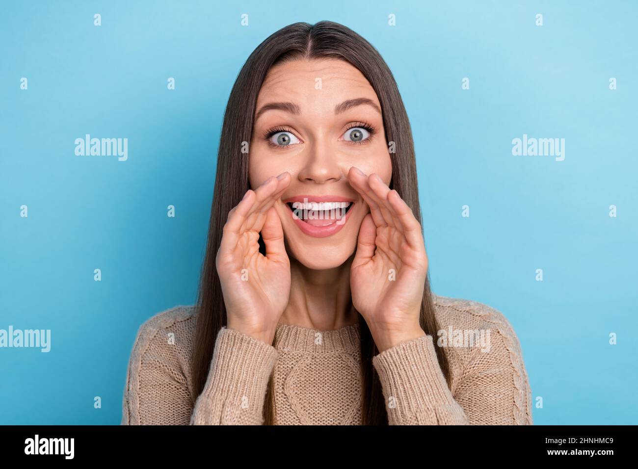 Portrait of attractive cheerful funky lovely girl saying good news ...