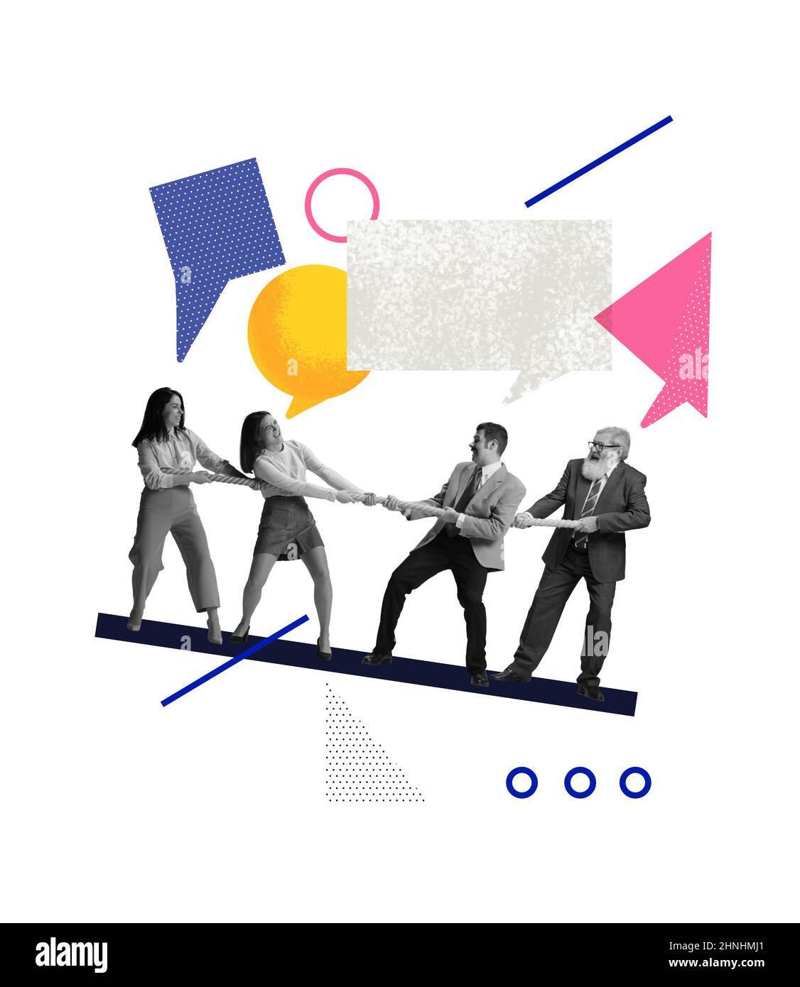 Creative design. Employees, office workers pulling opposite ends of the ...