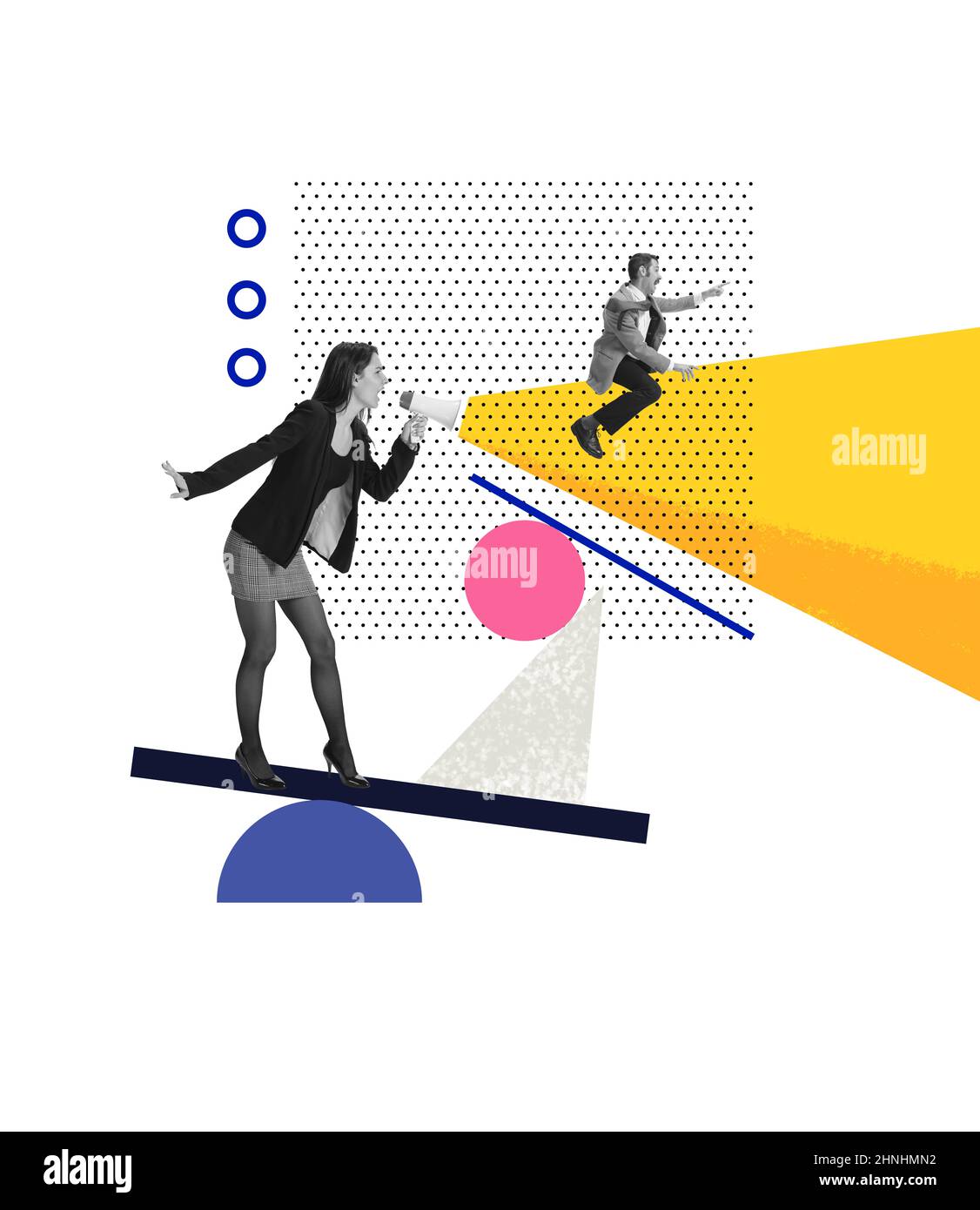 Creative design. Woman, office manager shouting in megaphone at ...