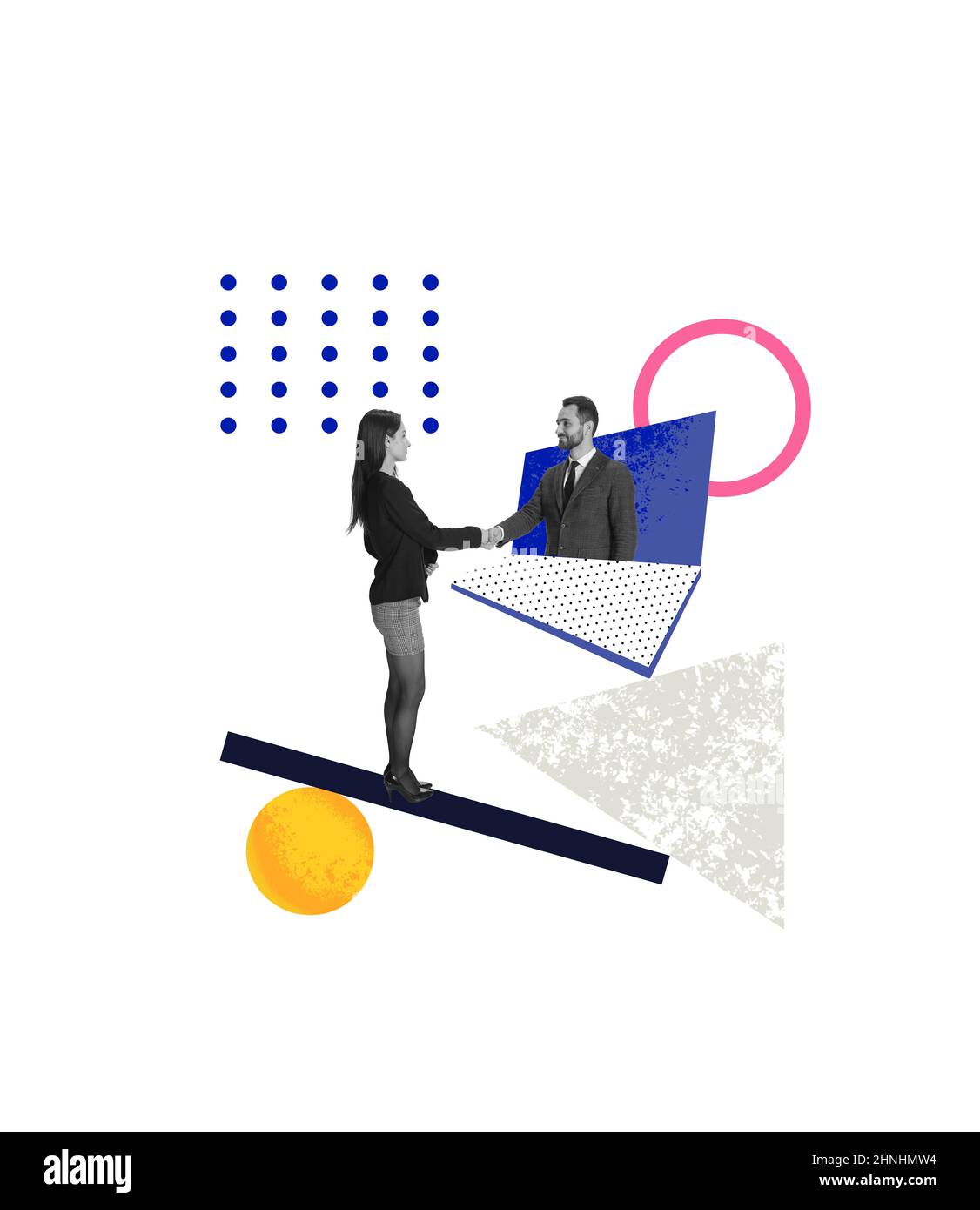 Creative design. Businessman sticking out laptop screen and shaking ...