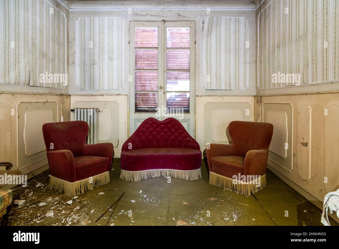 February 2022, small sitting room at the corner of an abandoned house ...