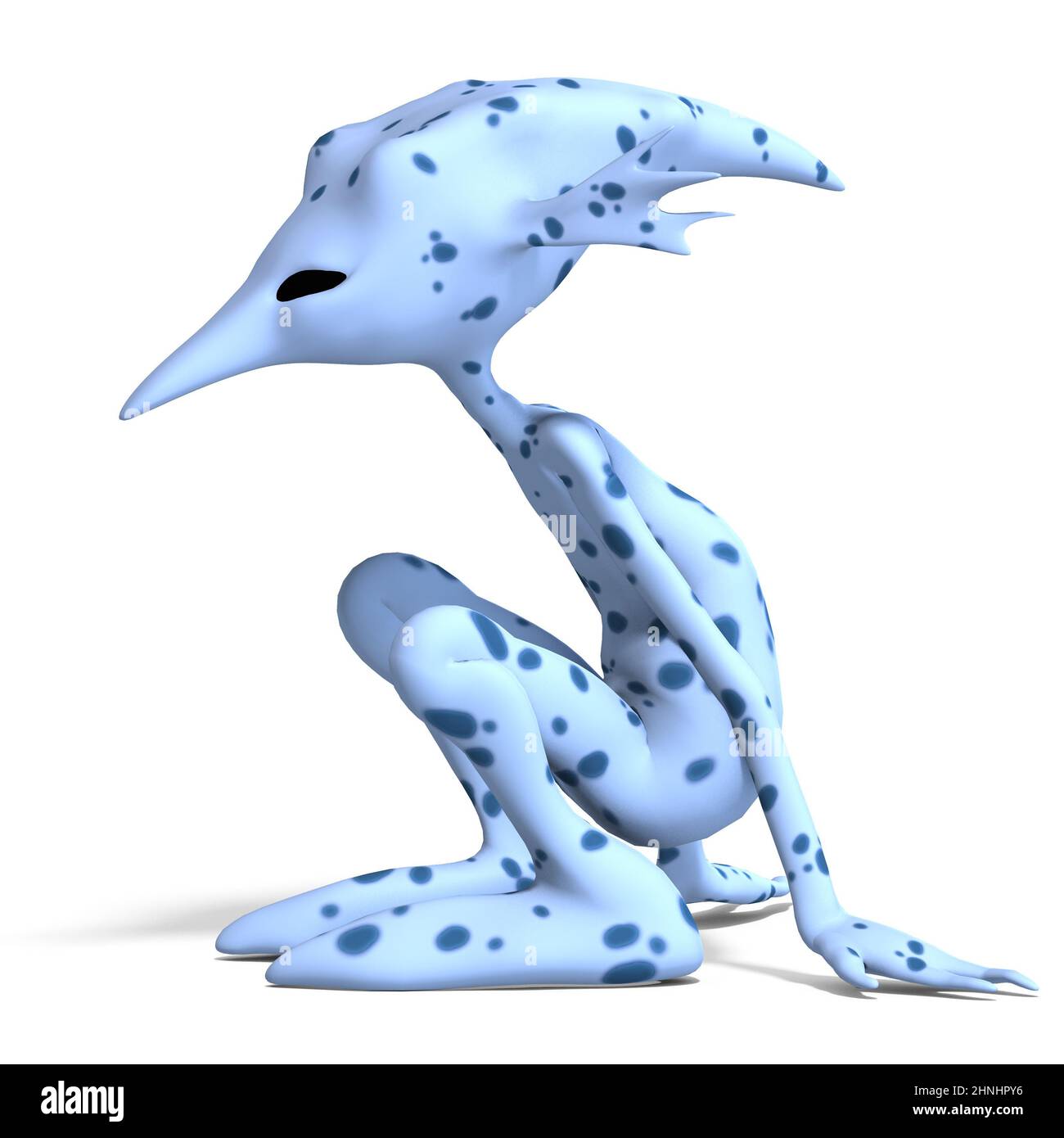 3D-illustration of a cute and funny cartoon alien sitting on the floor ...