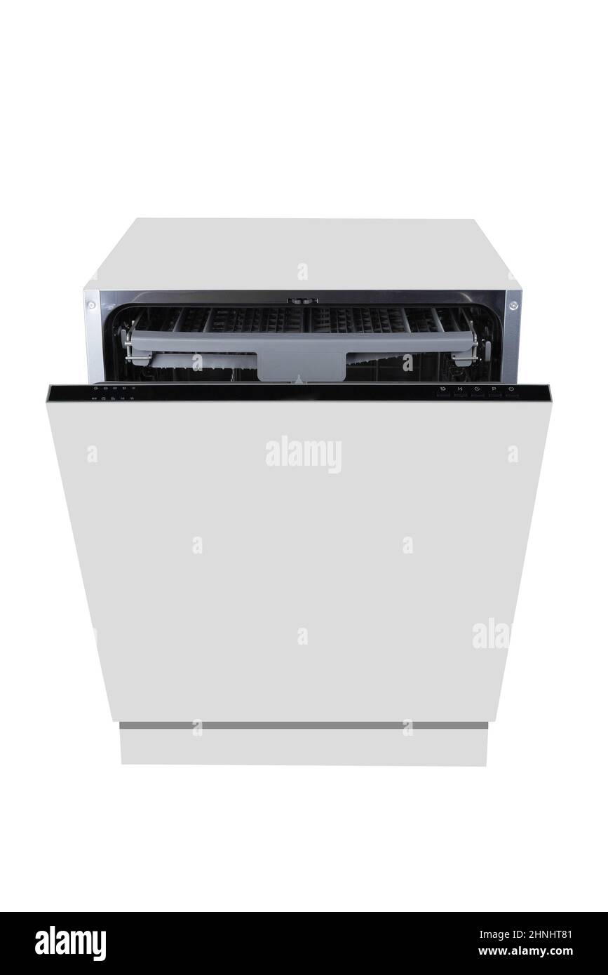Front view of modern dishwasher with ajar door isolated on white ...