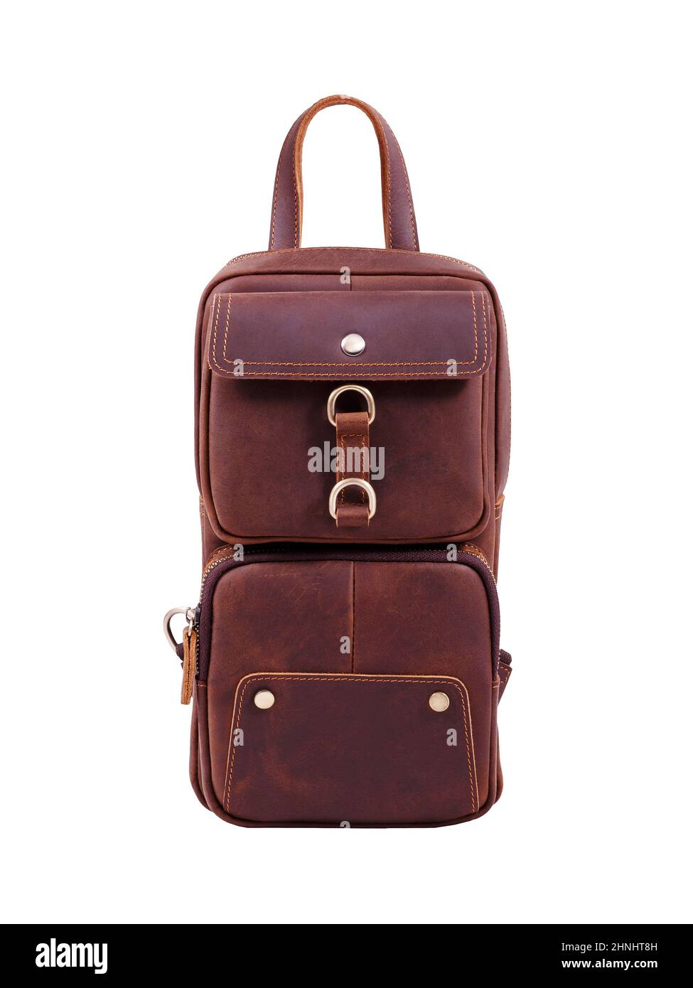 Small brown leather backpack isolated on white background Stock Photo ...