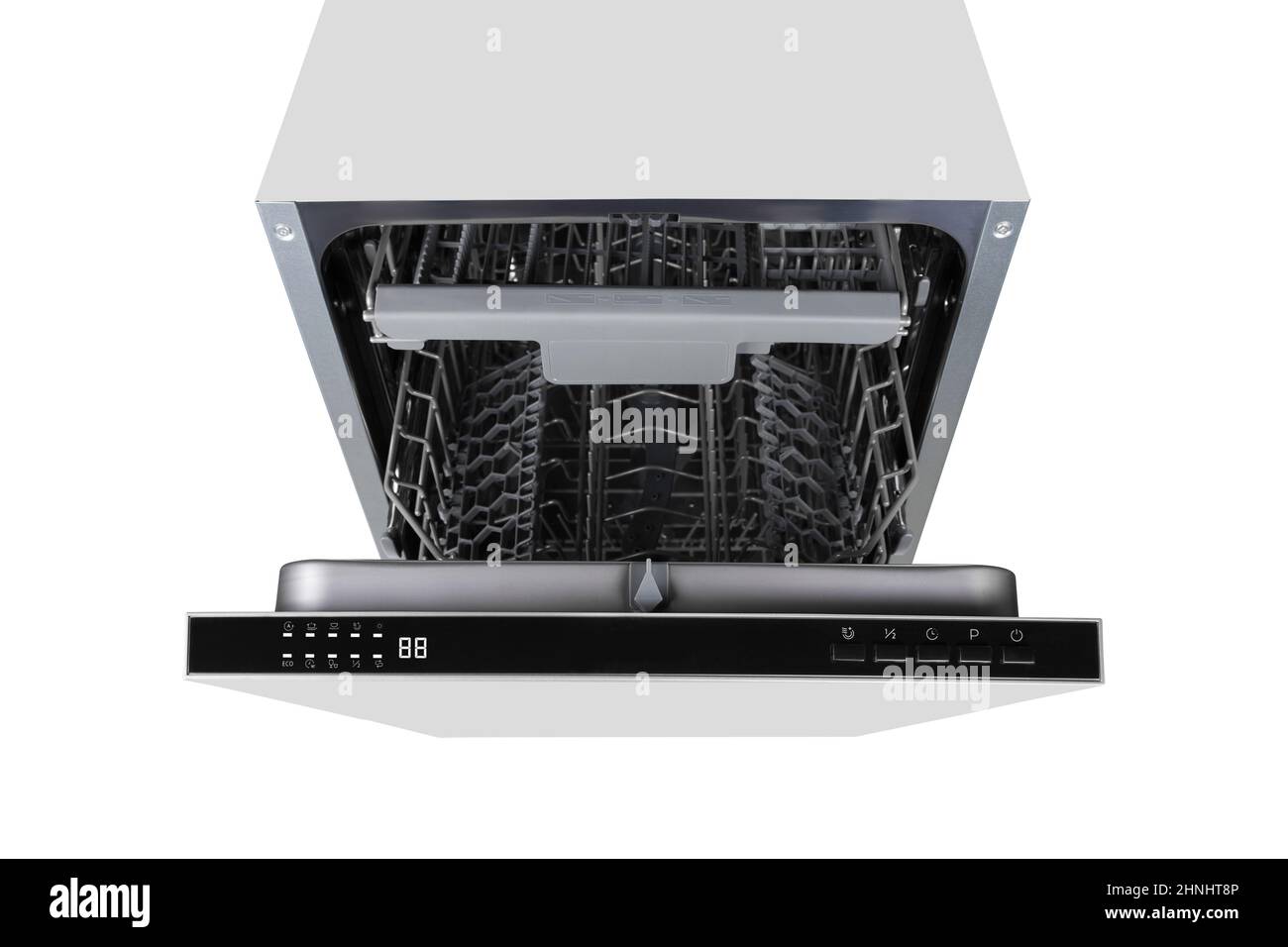 Top view of the modern dishwasher with control panel isolated on white ...