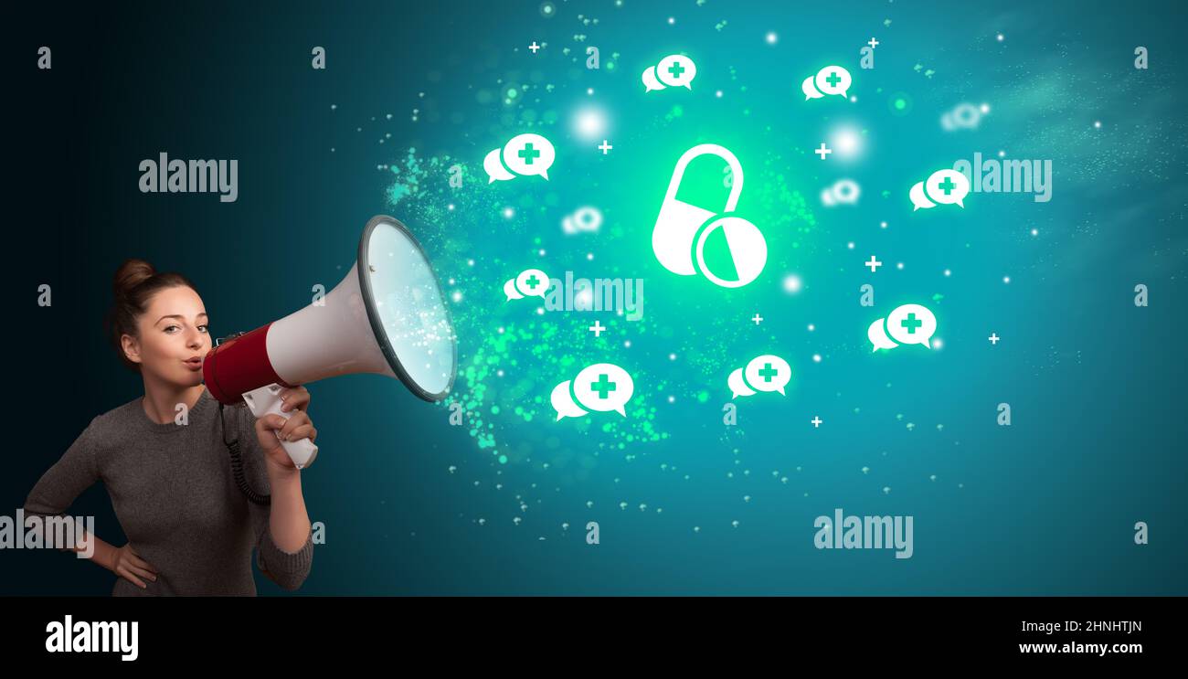 Young person with megaphone and healthcare icon Stock Photo - Alamy Young person with megaphone and healthcare icon Stock Photo - Alamy